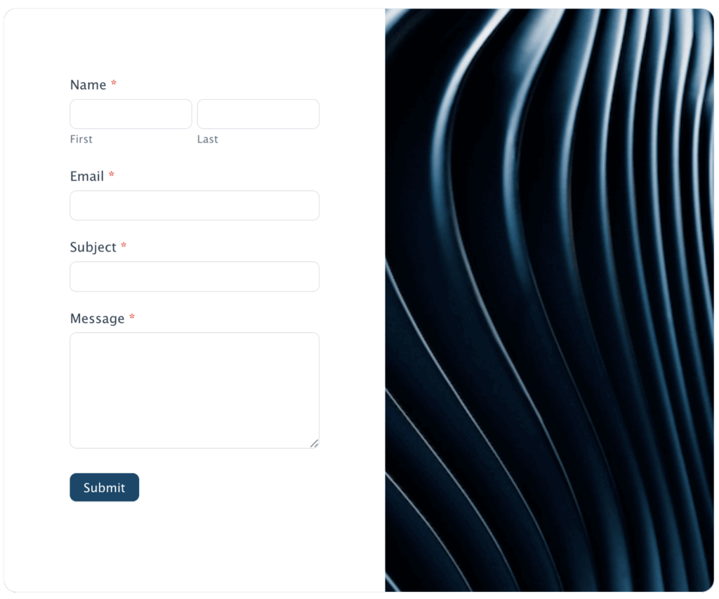 Formidable Forms Modern Minimalist Style -  Split CSS layout with deep blue accent colors.